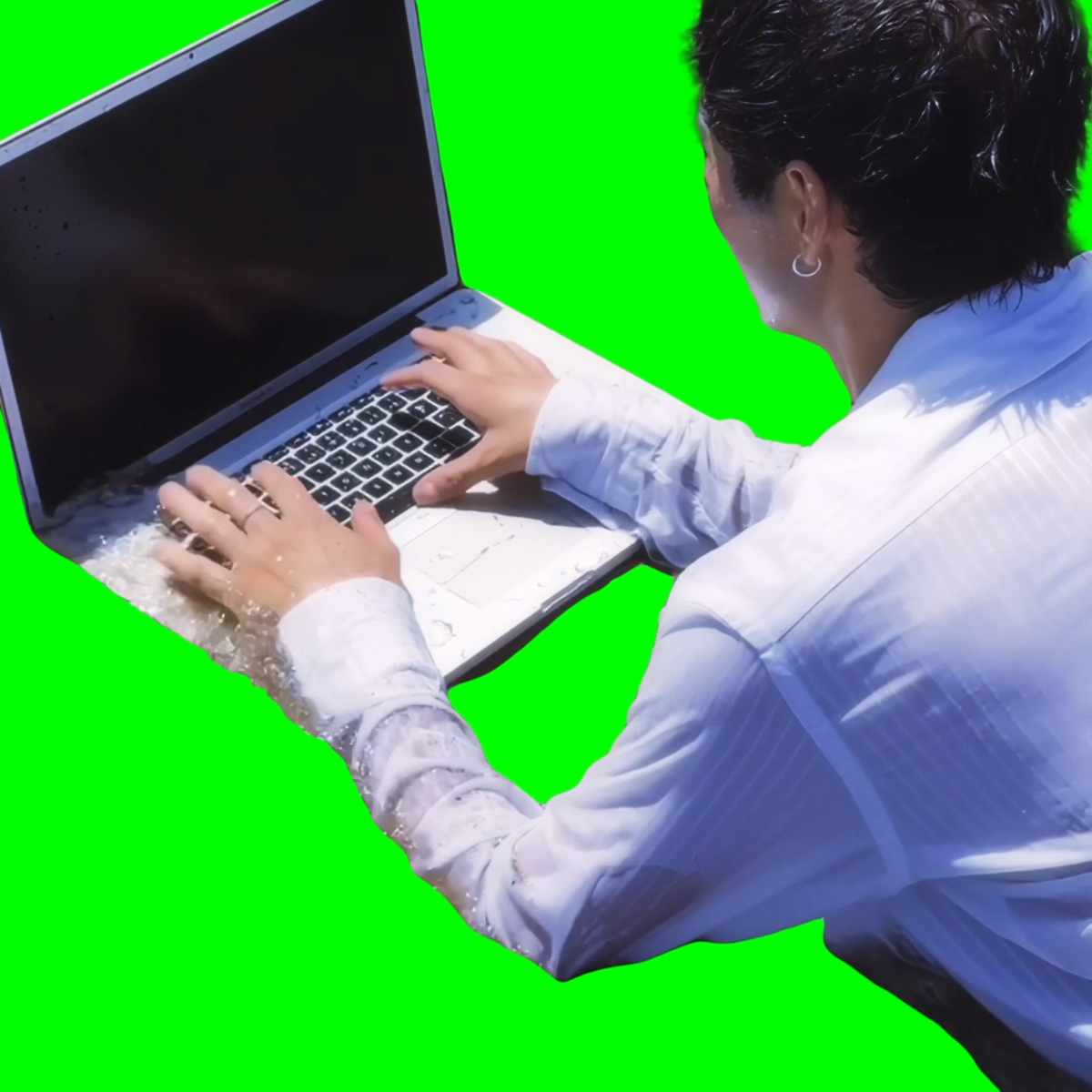 Man Using Laptop at Beach meme V2 (Green Screen) – CreatorSet