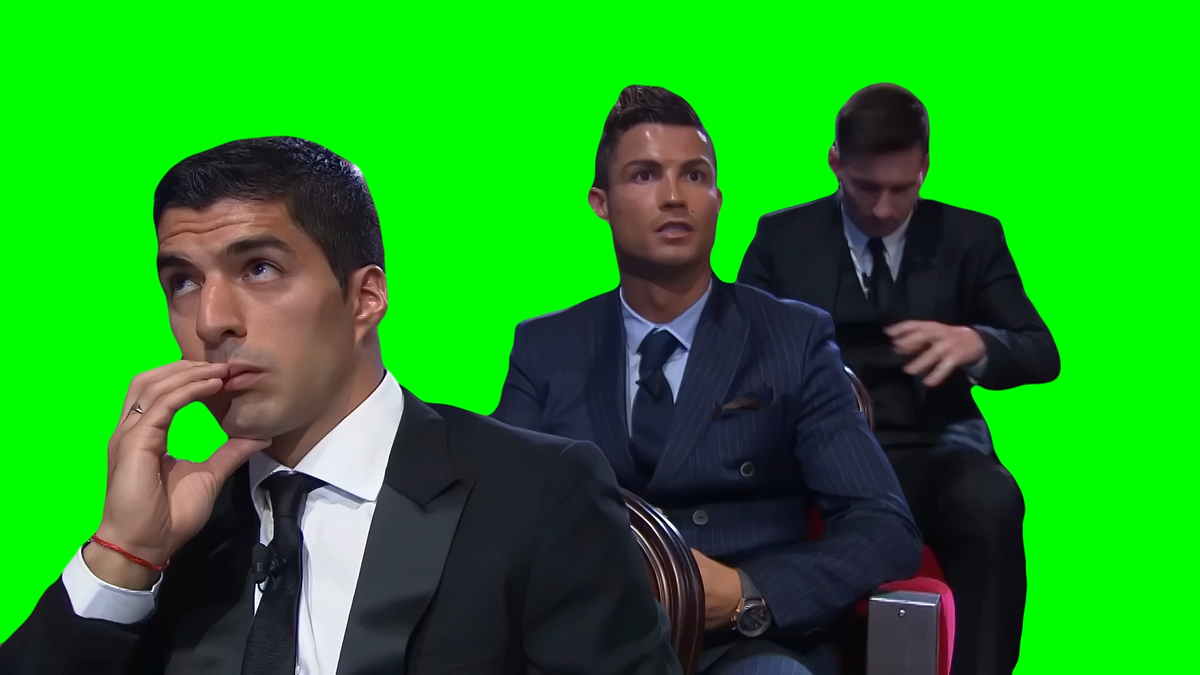 Ronaldo, Messi and Suaréz Getting Up meme (Green Screen) – CreatorSet