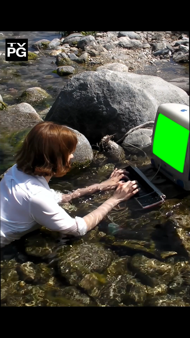 Girl Using Old Computer in the Water meme (Green Screen) – CreatorSet